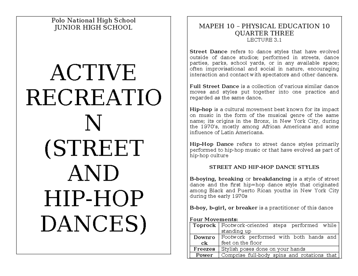 PE 10 Lecture: Active Recreation in Street & Hip-Hop Dances - Studocu