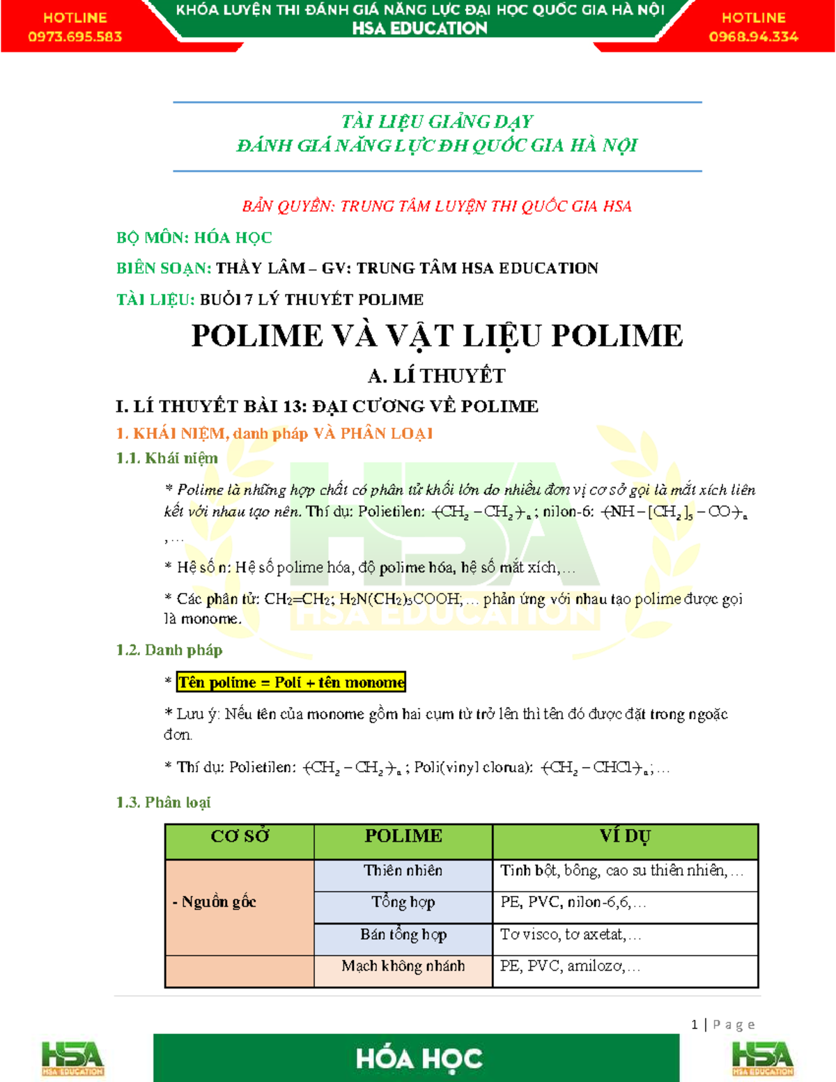 Lý Thuyết Polime - Hóa Học - Tài Liệu Giảng Dạy HSA - Studocu