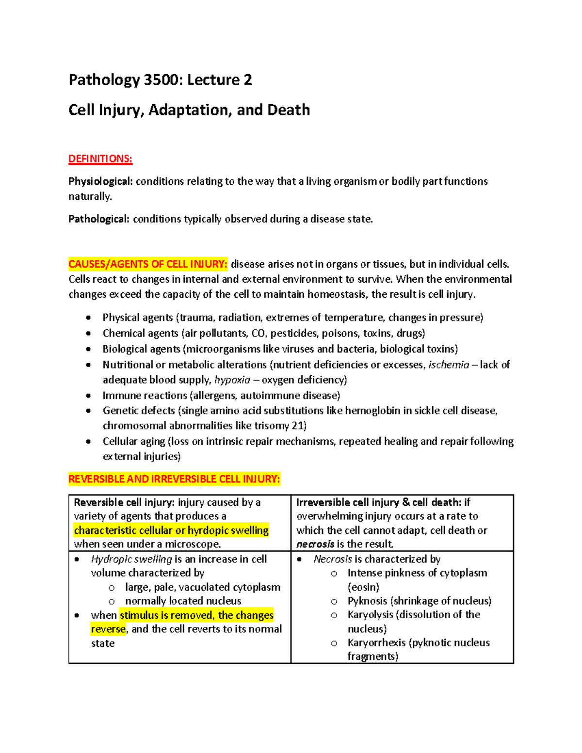 Pathology 3500: Lecture 2 on Cell Injury, Adaptation, and Death - Studocu