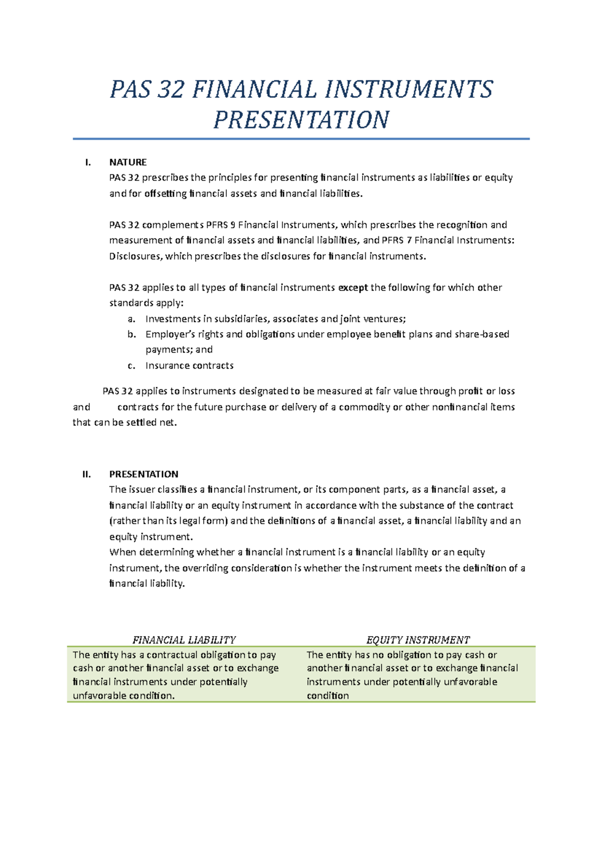 PAS 32 Summary: Presentation of Financial Instruments and Liabilities ...