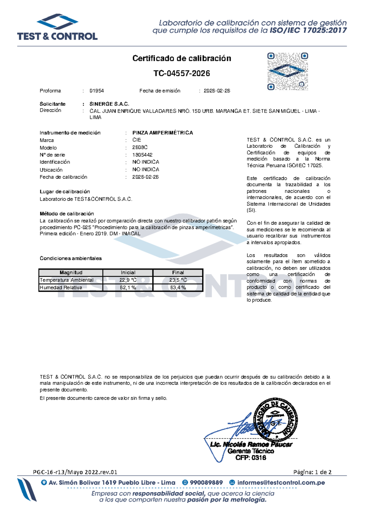 Certificado de Calibración TC-04557-2026 para Pinza Amperimétrica - Studocu