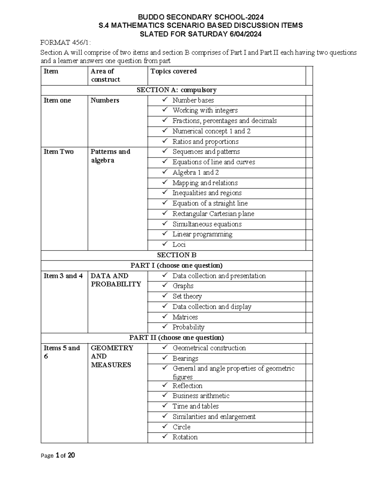 Mathematics Scenario Questions for Format 456/1 Examination - Studocu