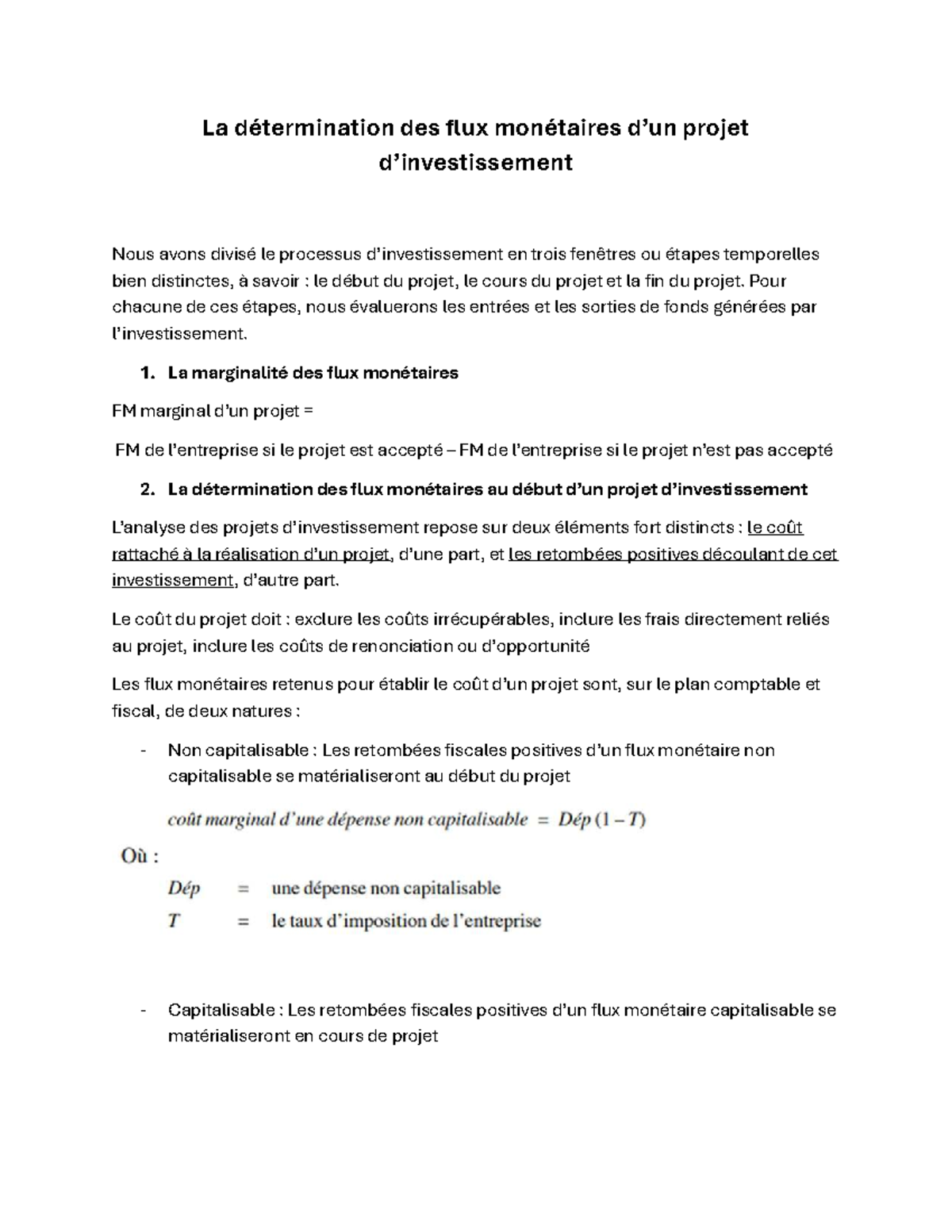Note Thème 8 - Analyse des Flux Monétaires d'un Projet d'Investissement ...