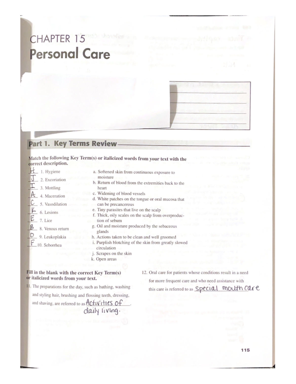 Ch 15 Personal Care - Key Terms & Review for Nursing Fundamentals - Studocu