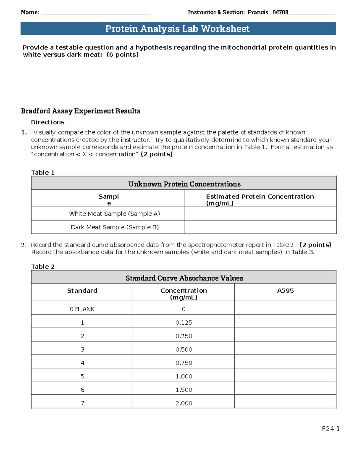 S25 Protein Analysis Worksheet - Name: Instructor & Section: Francis M ...
