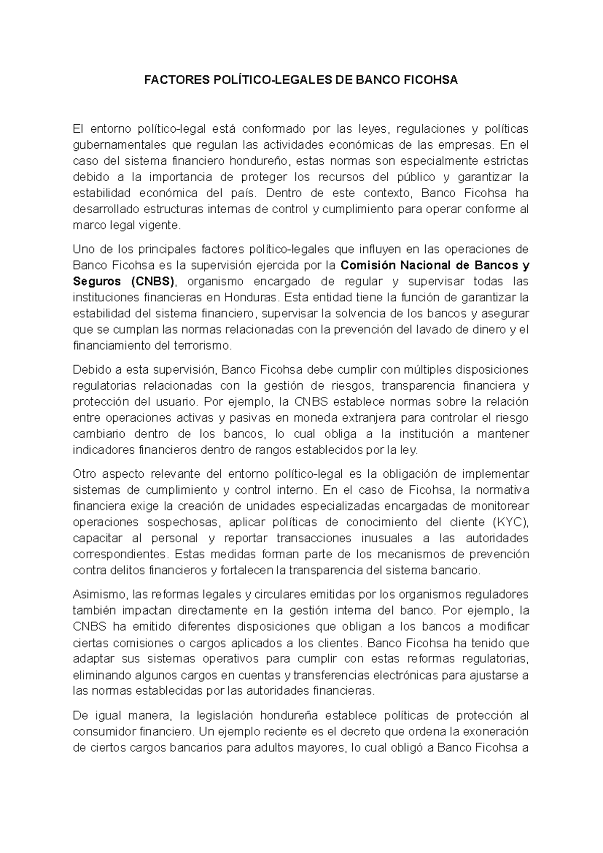 Factores Político-Legales en Banco Ficohsa: Análisis y Cumplimiento ...