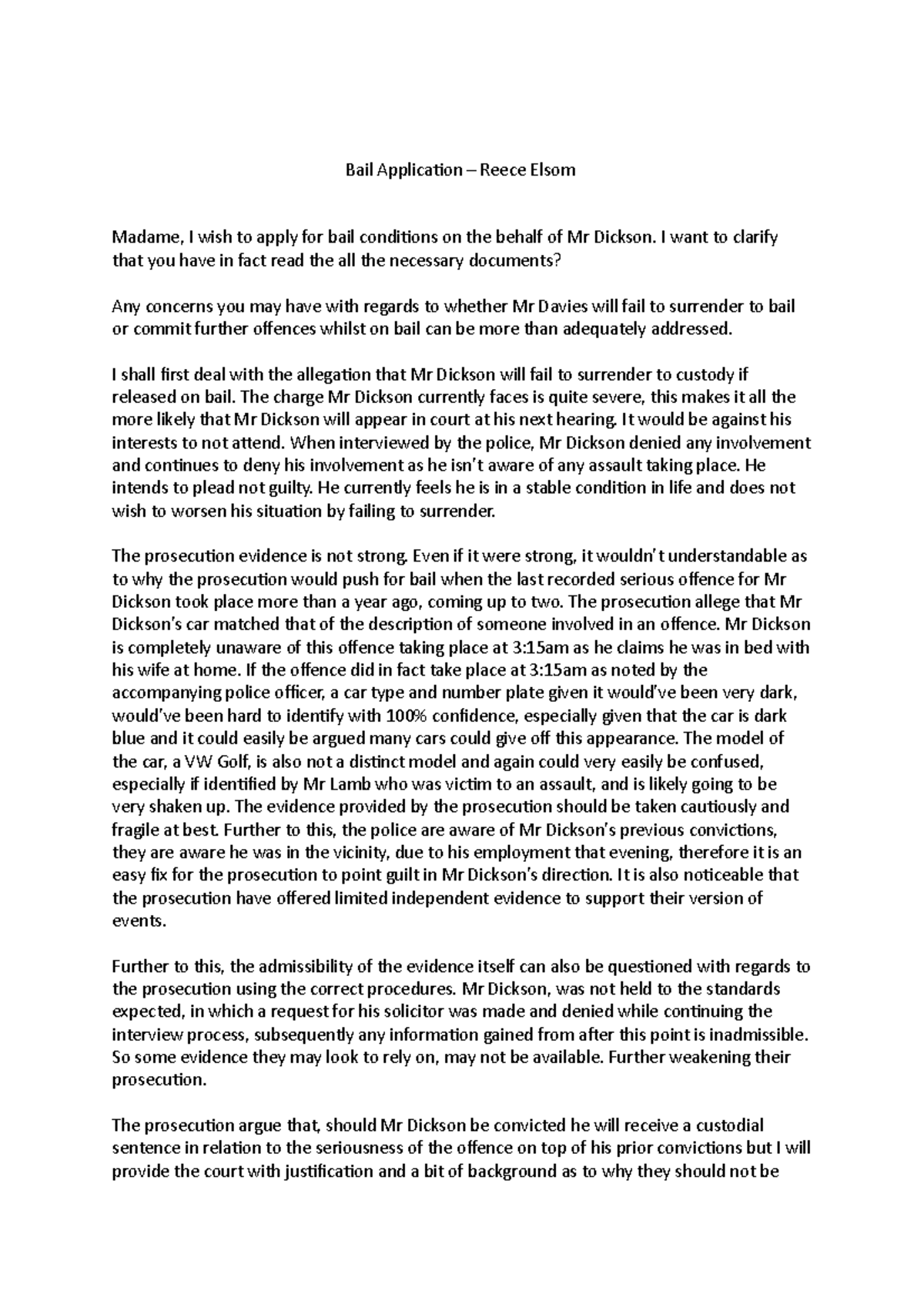 Bail Application for Advocacy Examination - Bail Application Reece ...