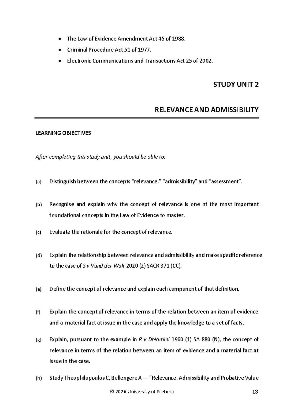 BWR 310 Study Unit 2: Relevance & Admissibility in Law of Evidence ...