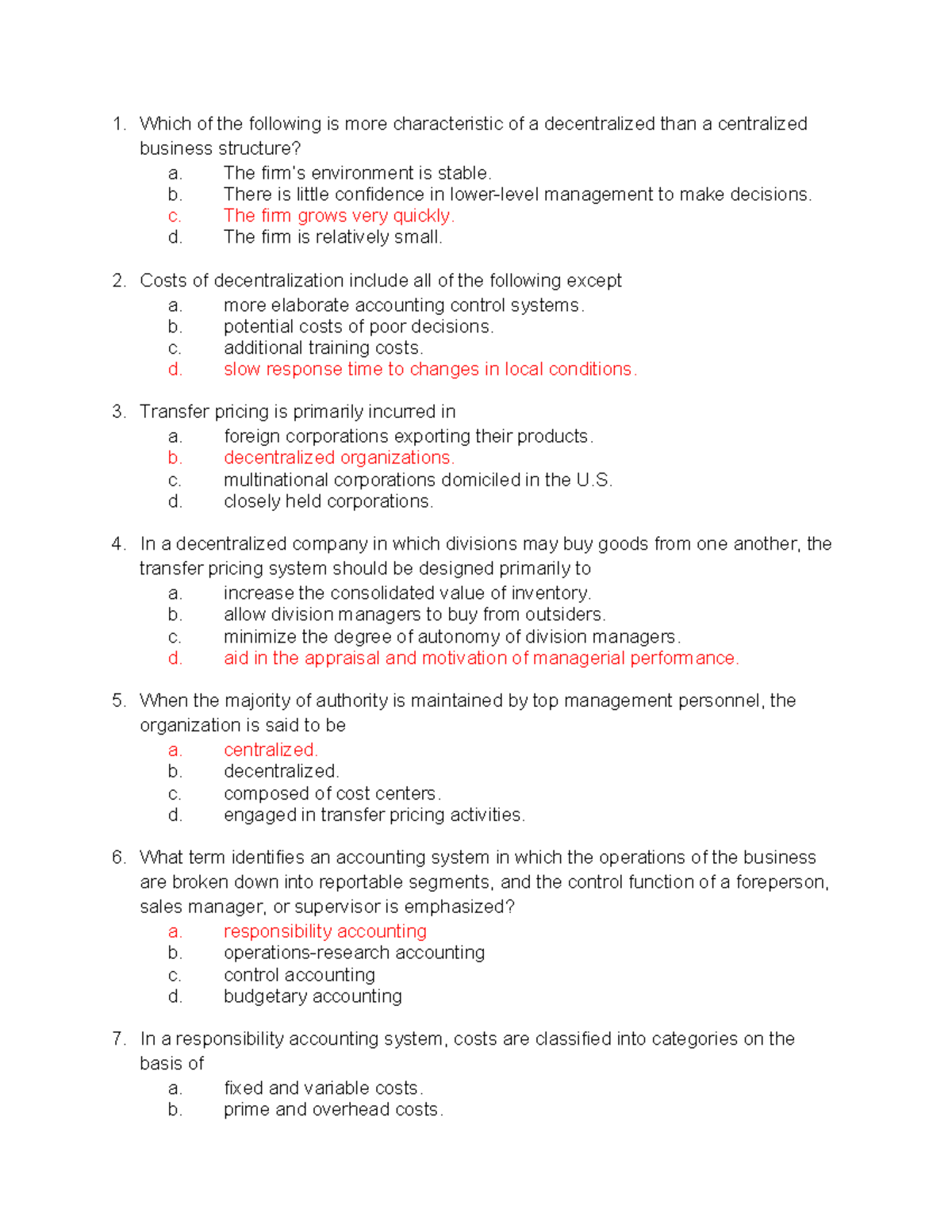 Decentralization and Responsibility Accounting: Test Bank for ACCT 301 ...