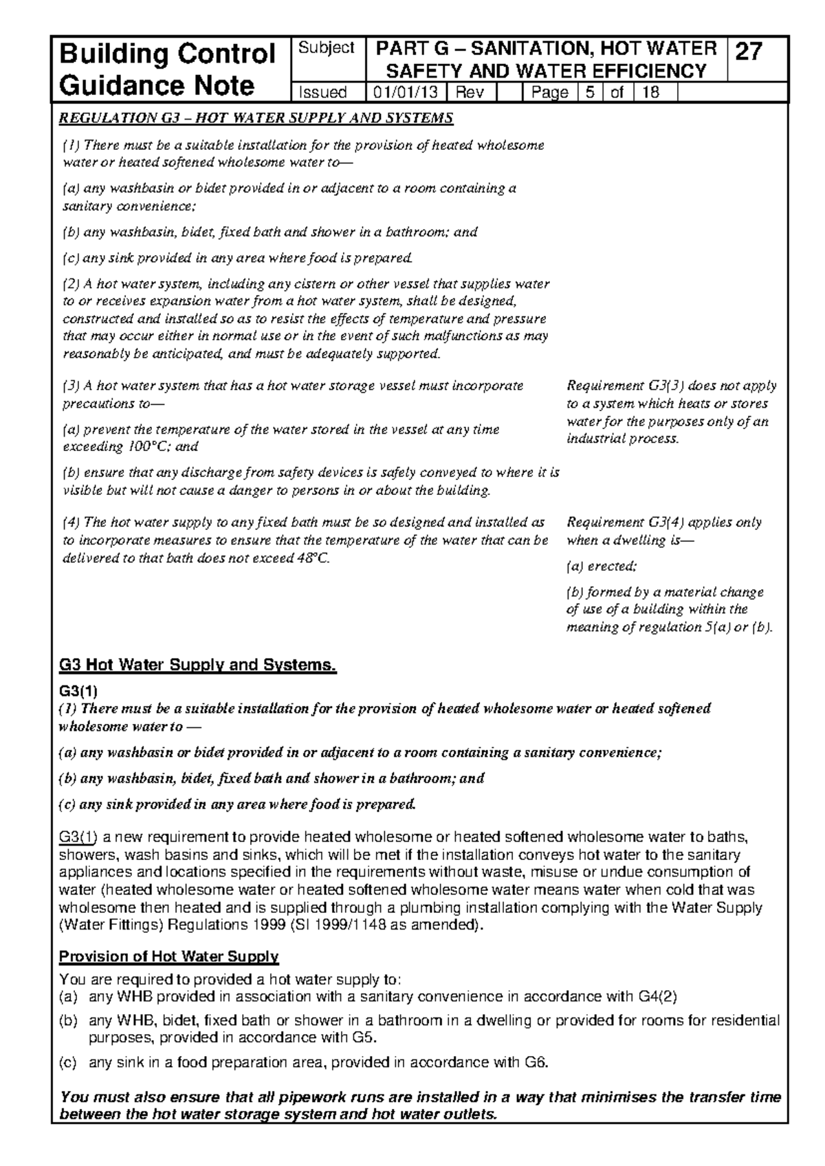 Building Control Guidance Note: Part G - Hot Water Supply & Systems ...