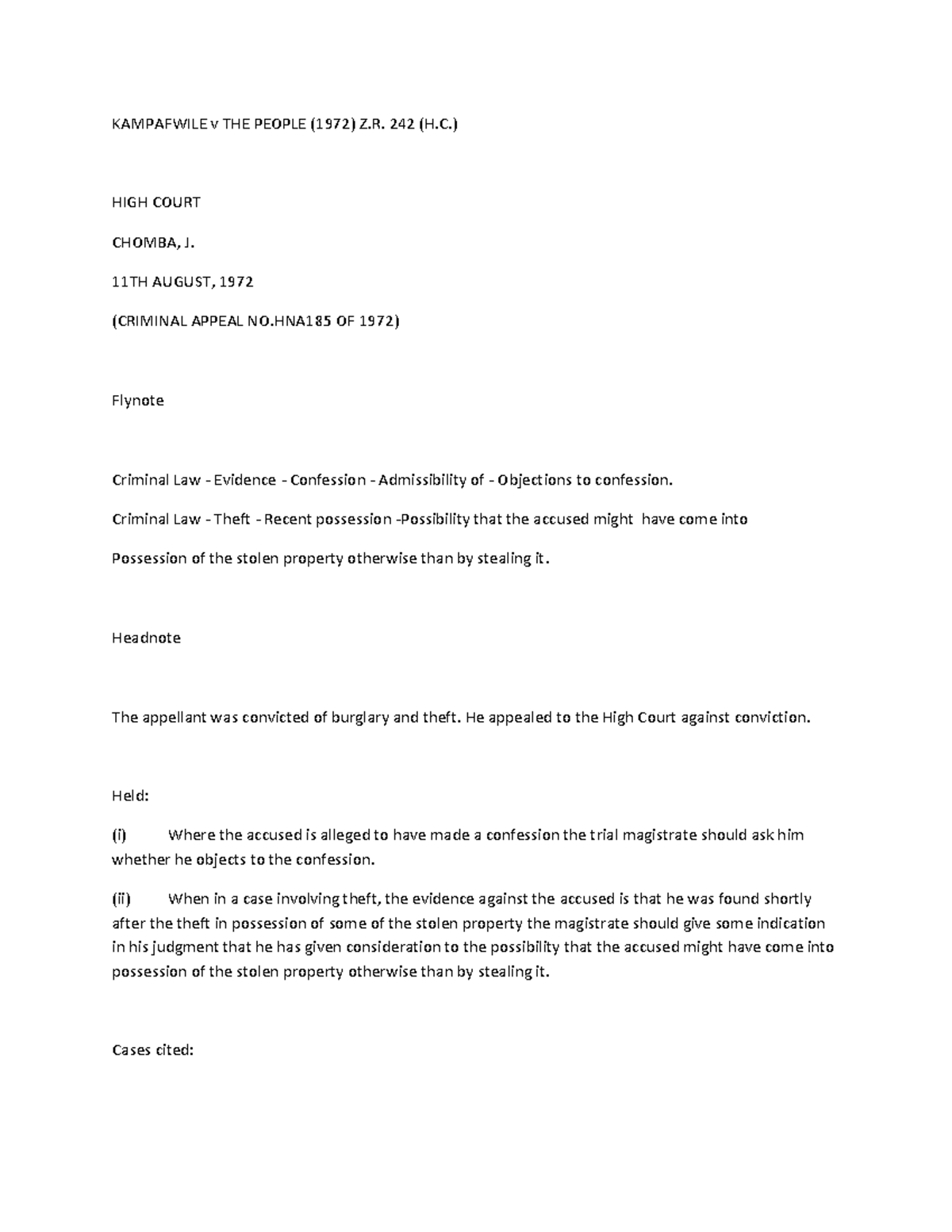 KAMPFAFWILE v THE PEOPLE: High Court Judgment Review (1972) - Studocu