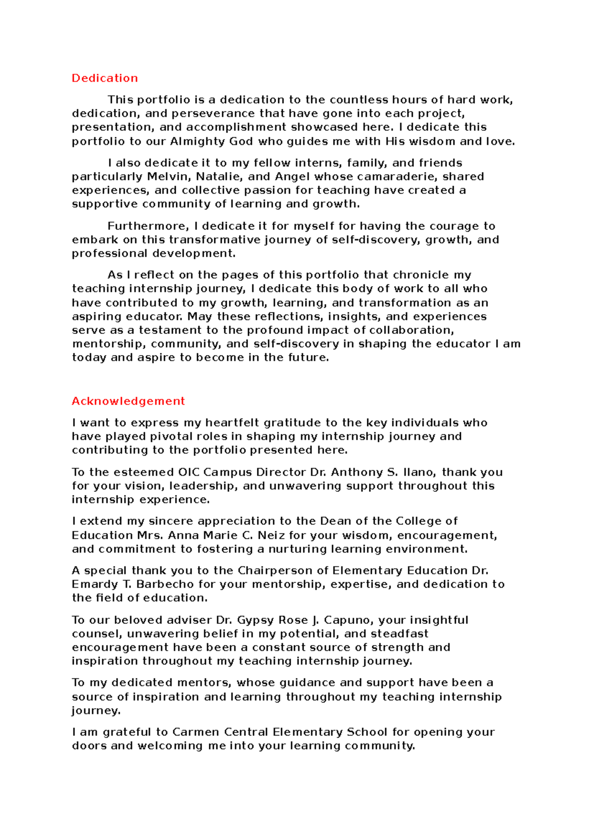 Portfolio Dedication and Acknowledgments for Teaching Internship - Studocu