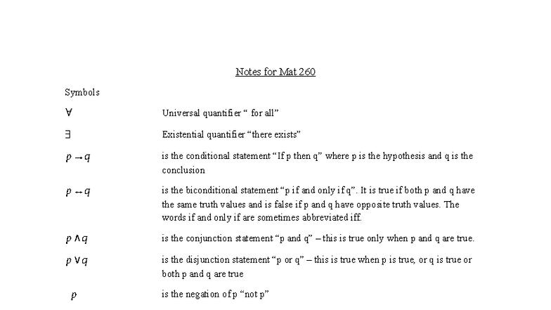 Notes for MAT 260 - Key Concepts on Quantifiers and Logical Statements ...