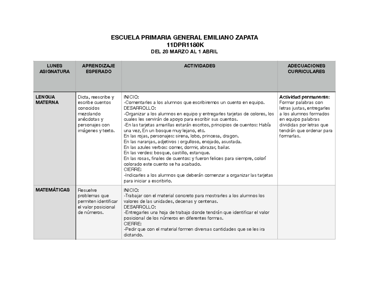 Actividades Curriculares 1° y 2° Grado del 28 Mar al 1 Abr - Studocu