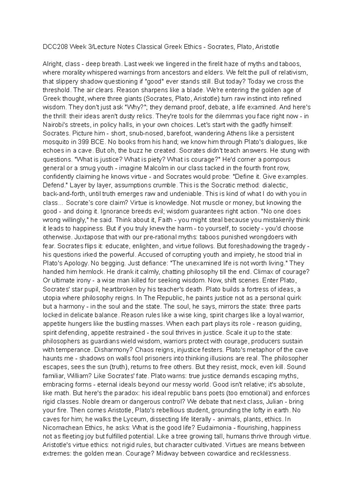 DCC208 Week Notes: Classical Greek Ethics - Socrates, Plato, Aristotle ...