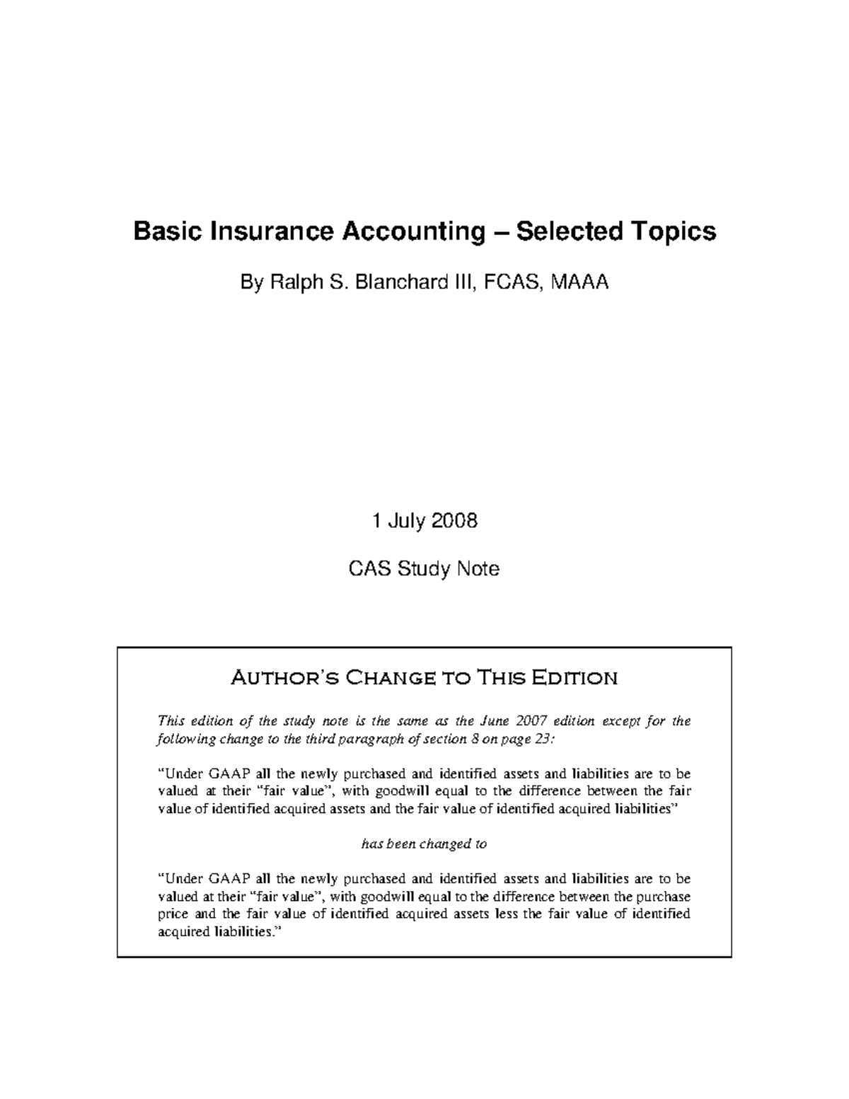 Basic Insurance Accounting: Selected Topics (CAS Study Note) - Studocu