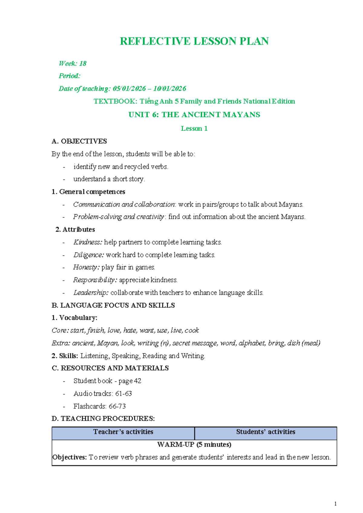 REFLECTIVE LESSON PLAN: Tiếng Anh 5 - UNIT 6: THE ANCIENT MAYANS - Studocu