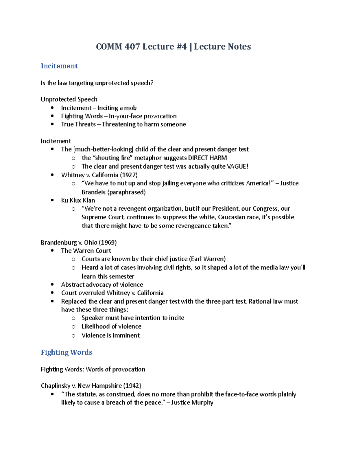 COMM 407 Lecture 4 - COMM 407 Lecture #4 | Lecture Notes Incitement Is ...
