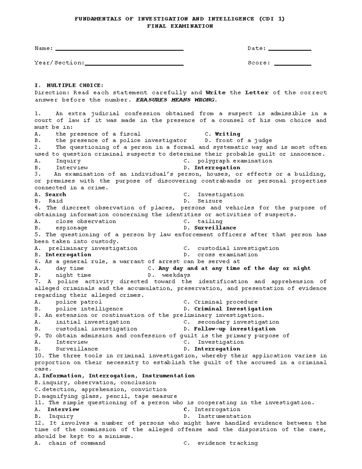 Final Examination on Fundamentals of Investigation & Intelligence (CDI 1) - Studocu