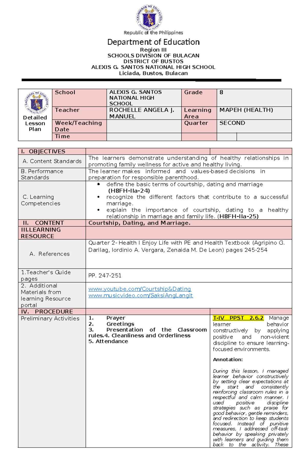 COT MAPEH 8 - Detailed Lesson Plan on Courtship, Dating, and Marriage ...