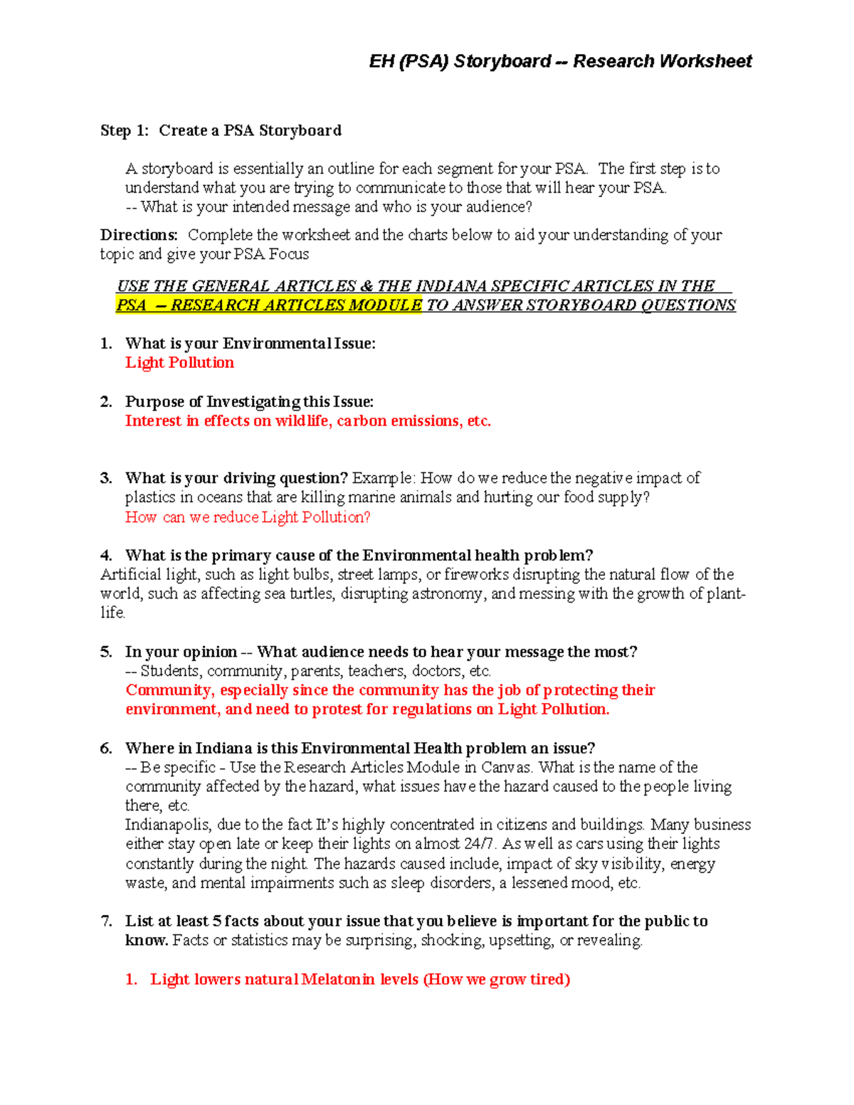 EH (PSA) Storyboard Research Worksheet: Addressing Light Pollution ...