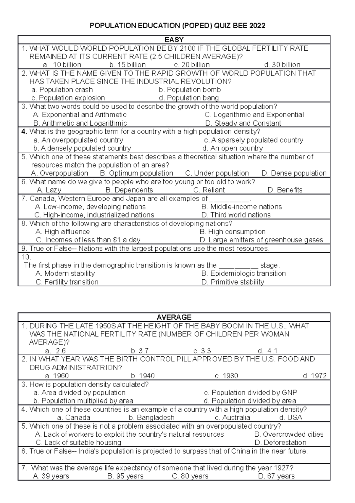 POPED Quiz Bee Questionnaire 3: Population Education 2022 - Studocu