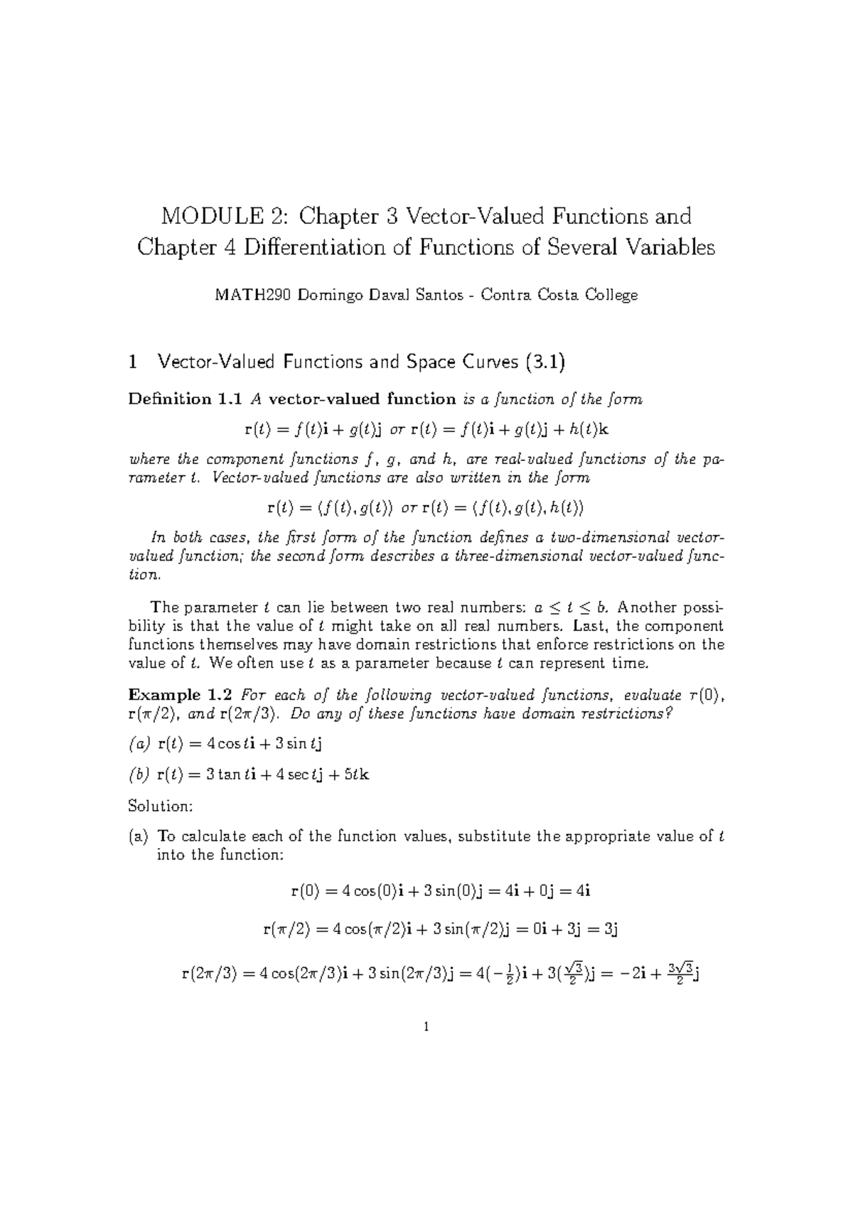 MATH290 Module 2: Functions and Differentiation of Multiple Variables ...