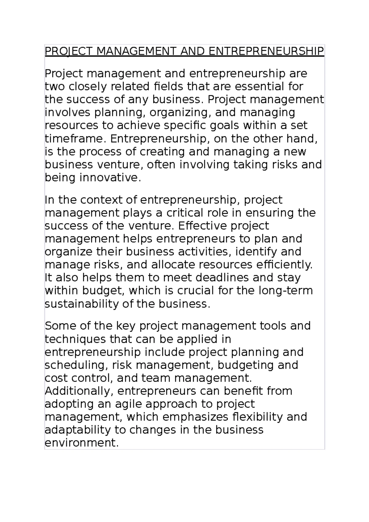 Unit 1 - Project Management and Entrepreneurship unit 1 notes - UNIT ...