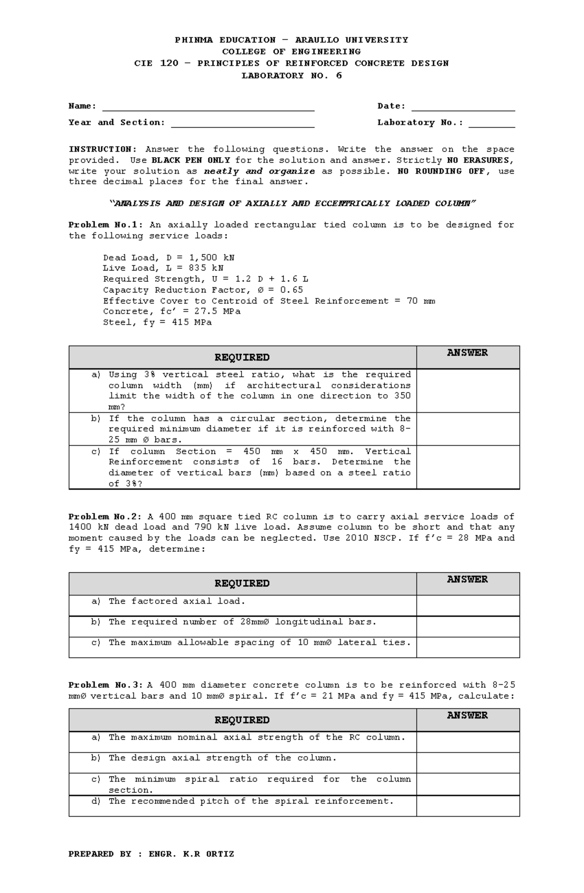CIE 120 Lab 6: Principles of Reinforced Concrete Design - Studocu