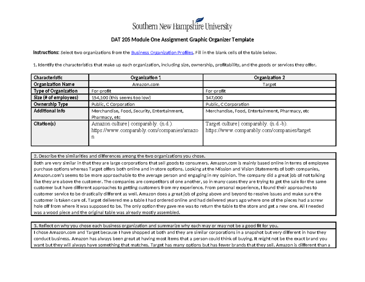 DAT 205 Module One Assignment Graphic Organizer - Fill in the blank ...