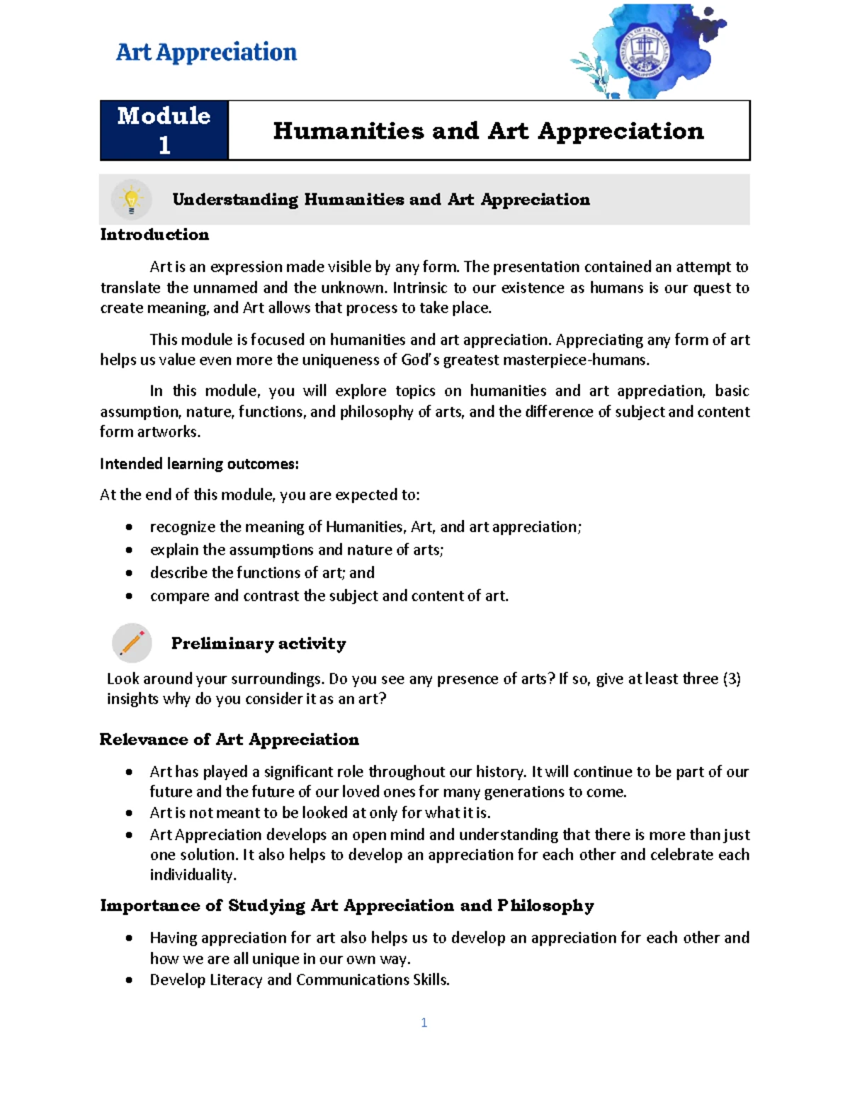 Module 1 Understanding Humanities and Art Appreciation - Module 1 Humanities and Art ...