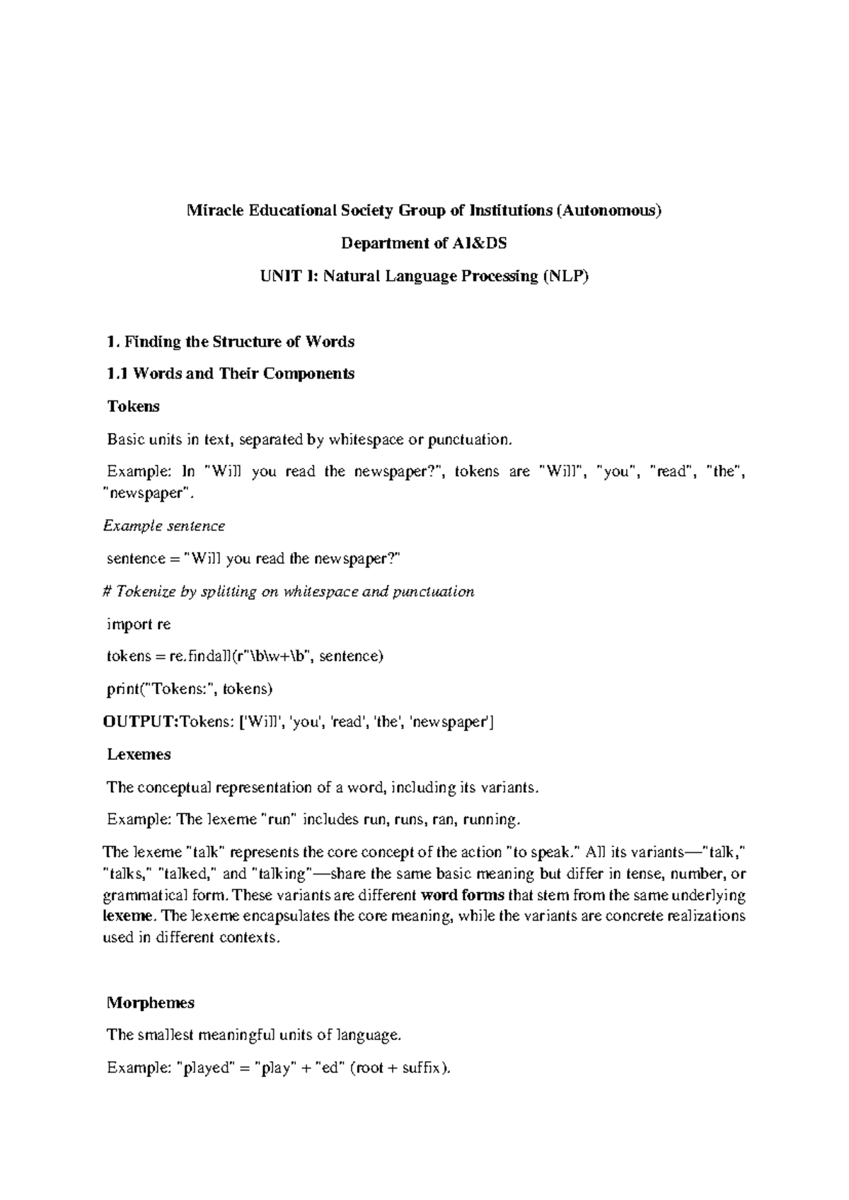 Unit I: Natural Language Processing (NLP) - Key Concepts and Models ...