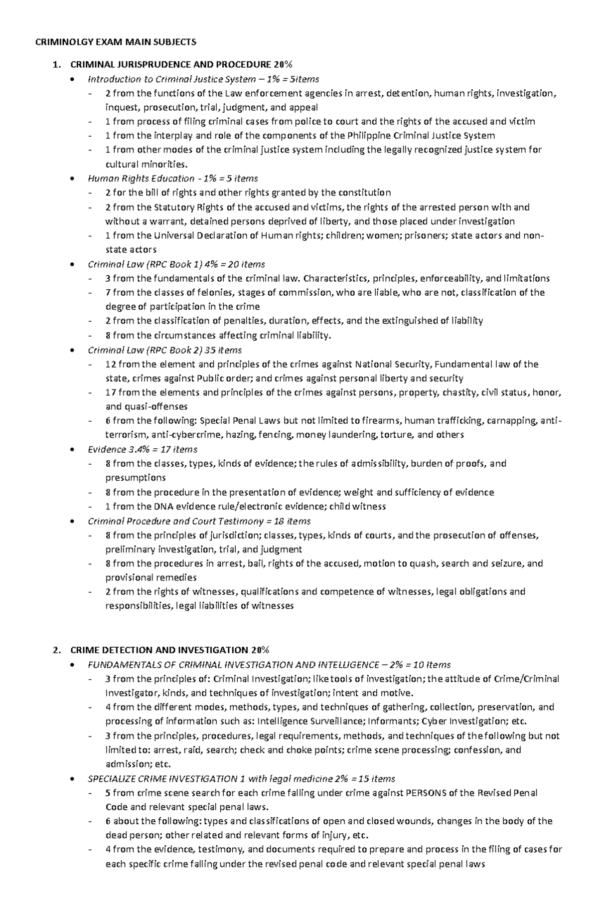 CRIM Board - TOS - CRIMINOLGY EXAM MAIN SUBJECTS 1. CRIMINAL ...