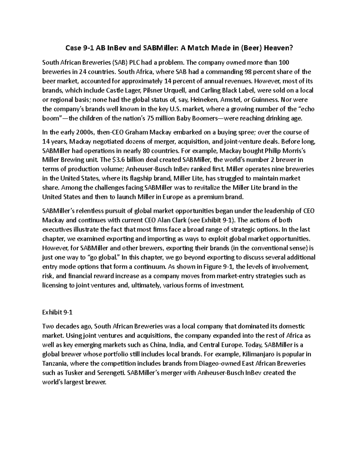 Cases Details - case study - Case 9-1 AB InBev and SABMiller: A Match Made in (Beer) Heaven ...