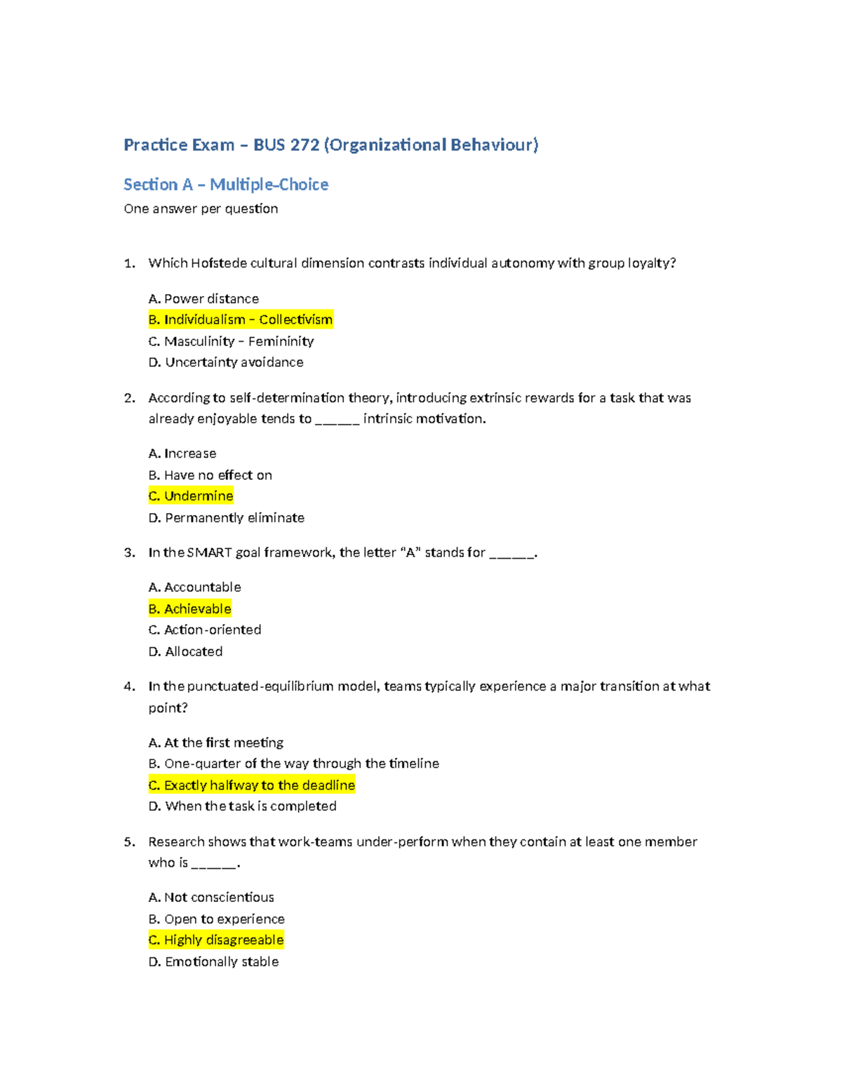 BUS 272 - Practice Final Exam on Organizational Behaviour - Studocu