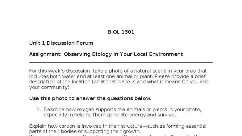 BIOL 1301 Unit 1 DF9: Observing Local Biology & Ecosystem Interactions ...