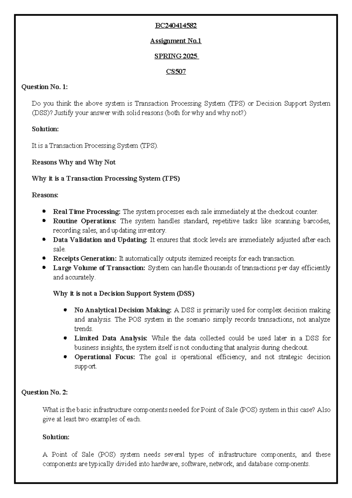 CS507 Assignment 1: TPS vs DSS Analysis and POS Infrastructure Components - Studocu