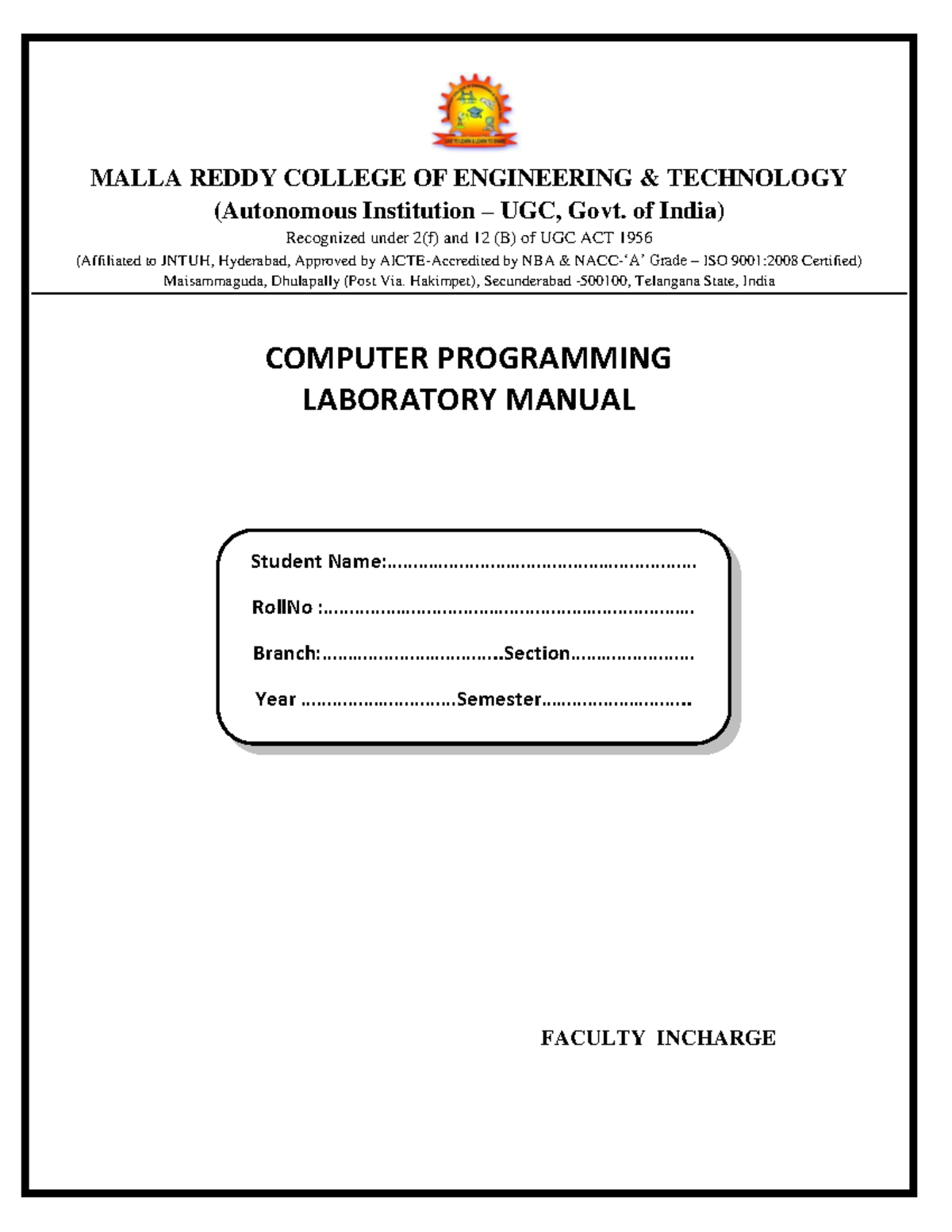 Computer Programming Lab Manual - MLRD - Studocu
