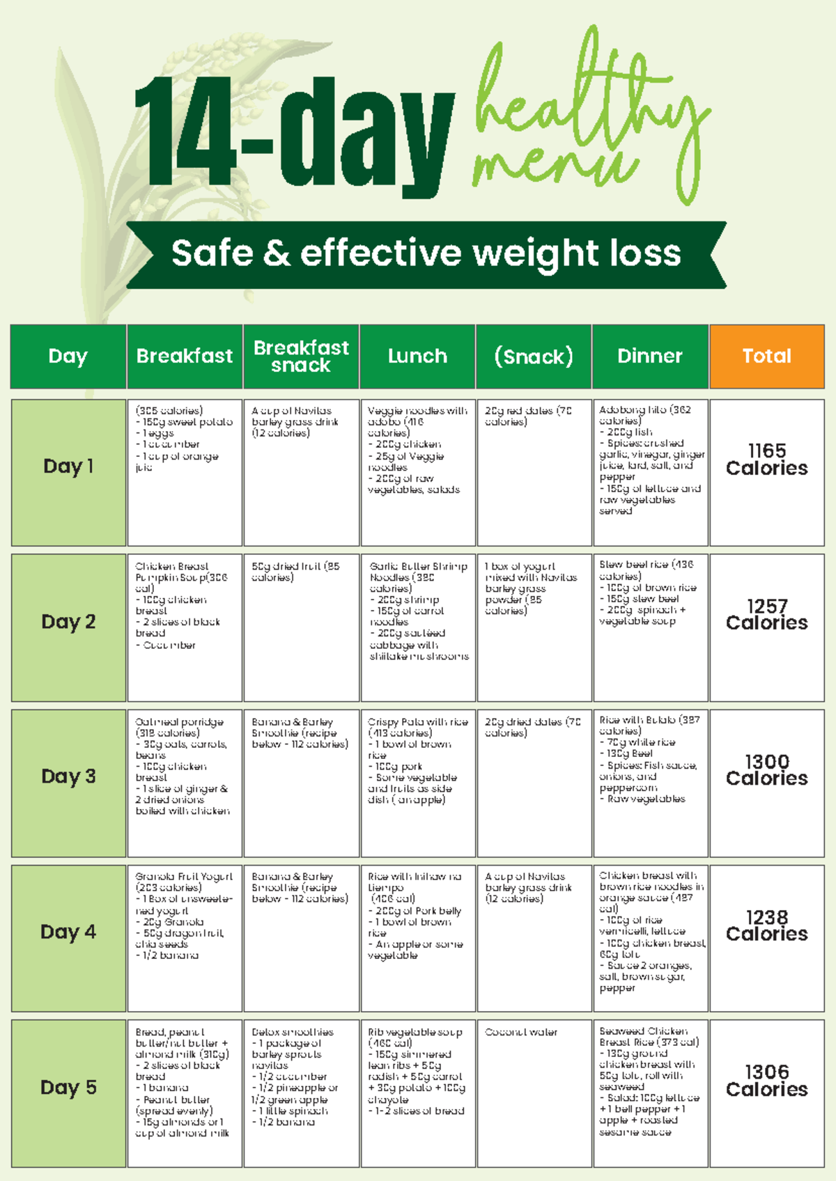 Healthy Lifestyle - 14-day healthy menu Safe & effective weight loss ...
