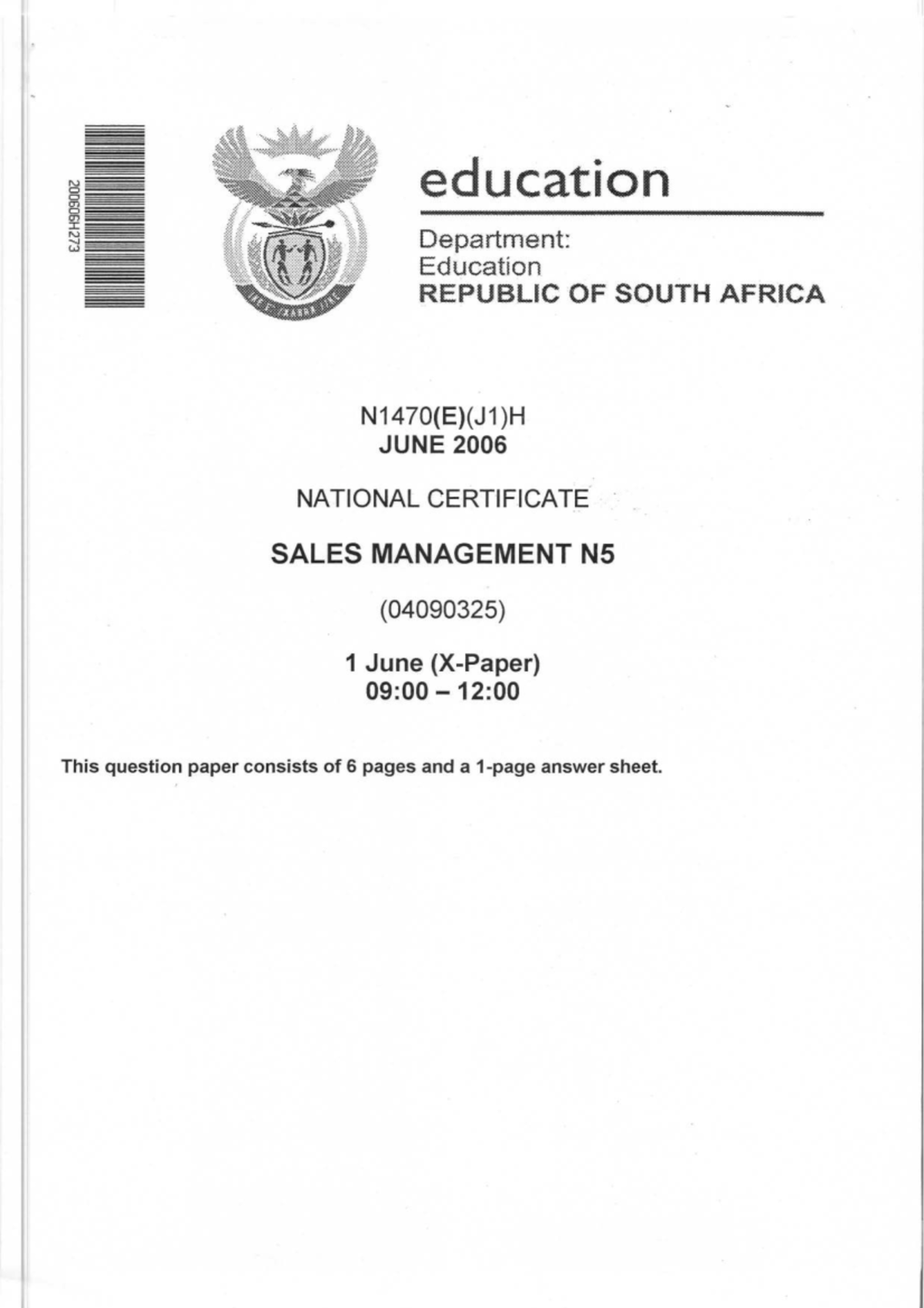 N1470(E)(J1)H June 2006 National Certificate Sales Management Exam ...
