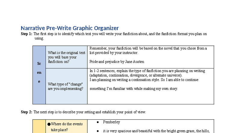 Narrative Pre-Write Graphic Organizer for Fanfiction: Pride & Prejudice ...