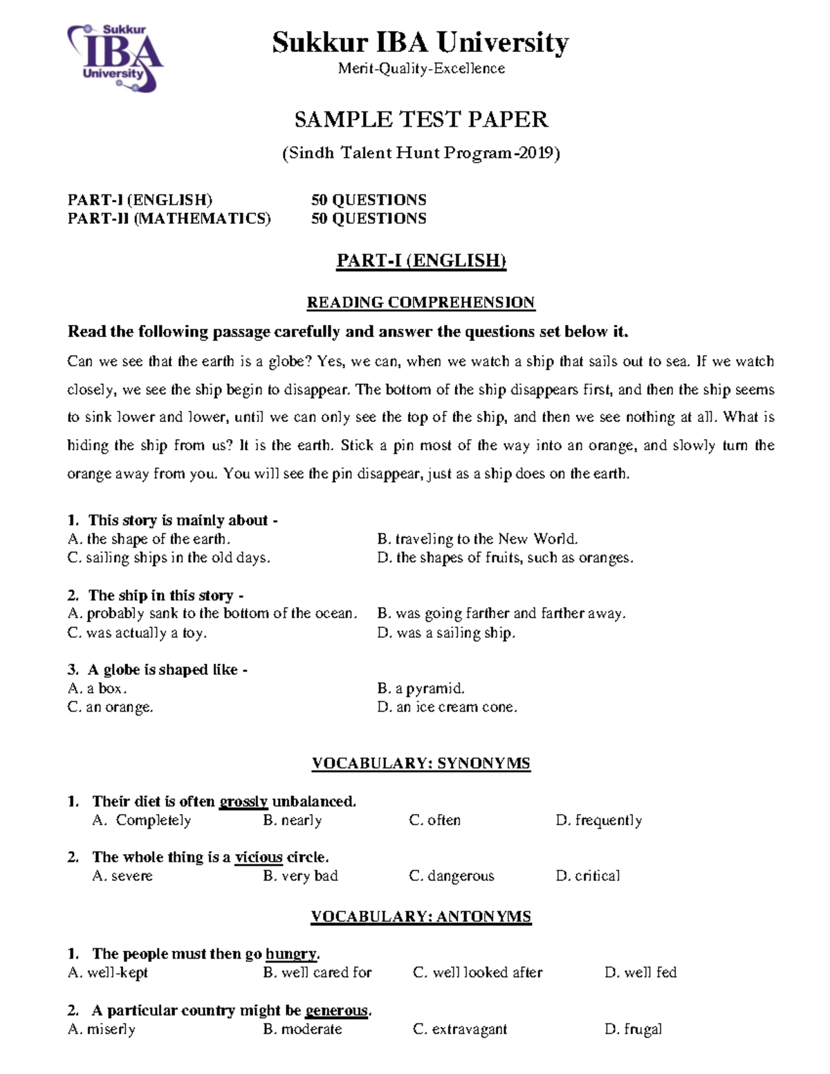 Sample Test Paper STHP-2019: English & Math Sections - Studocu
