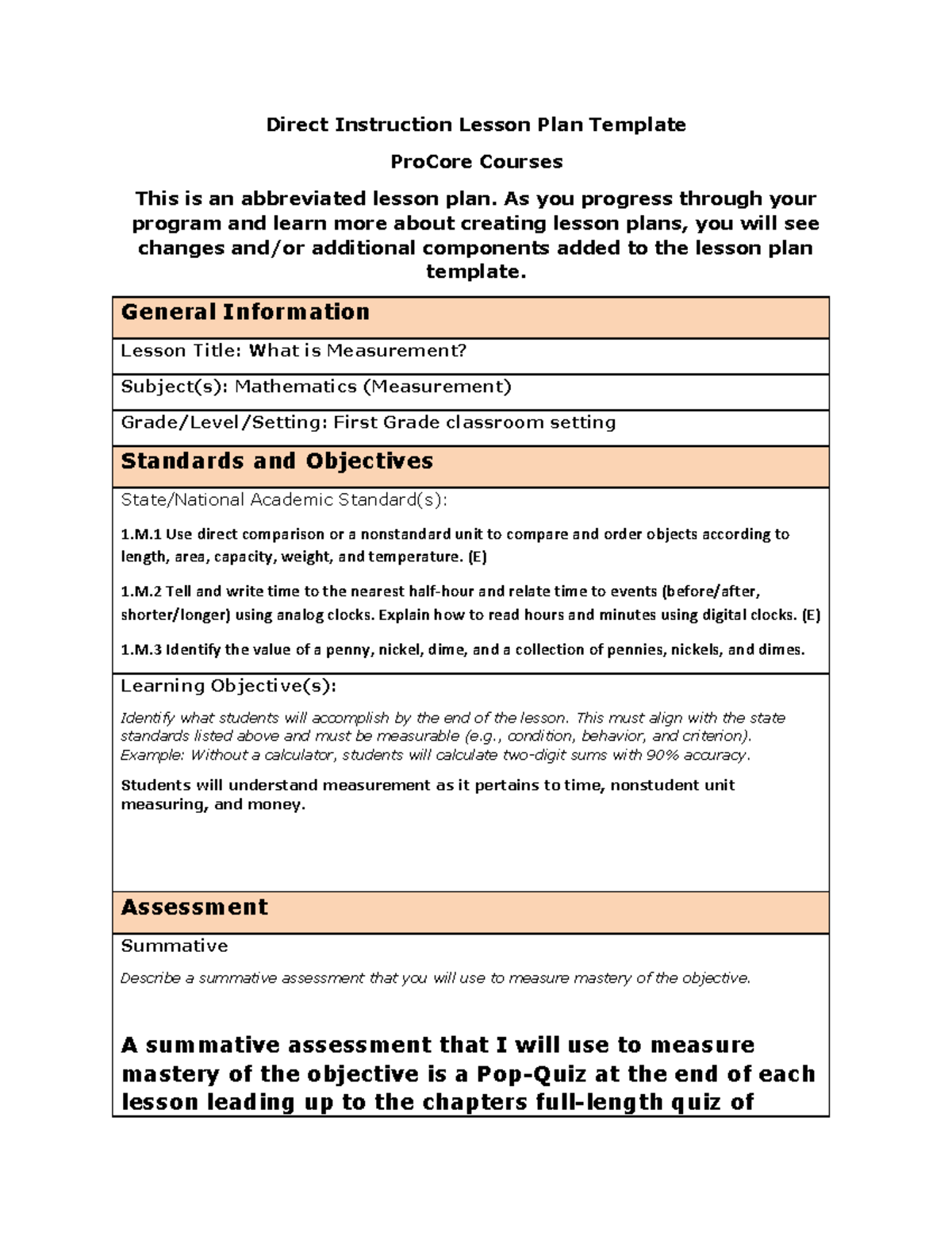 Direct Instruction Lesson Plan: Measurement in 1st Grade (ProCore ...