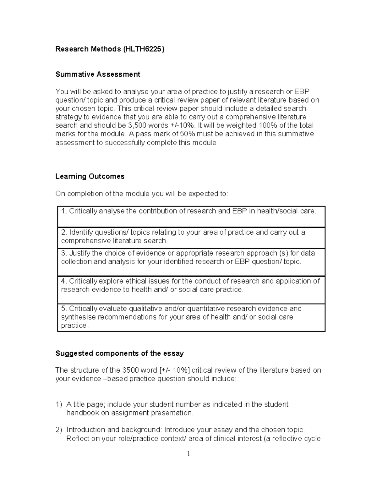 Research Methods (HLTH6225) Summative Assessment Guidelines for EBP ...