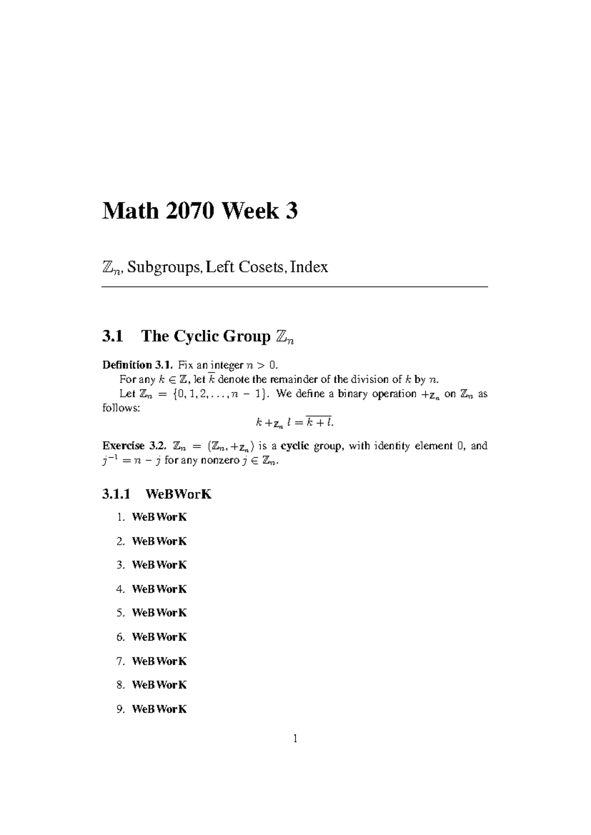 Math 2070 Week 3: Cyclic Groups, Subgroups, and Left Cosets - Studocu