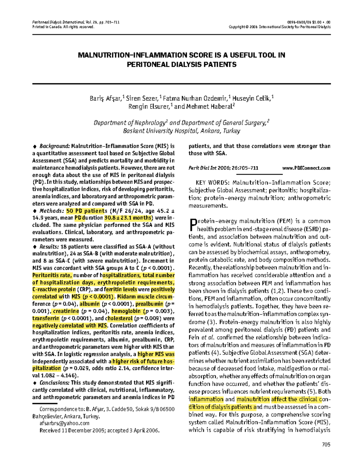 2006 PDI: Malnutrition-Inflammation Score in Peritoneal Dialysis ...