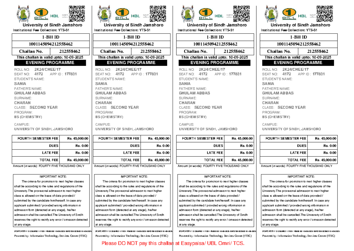 University of Sindh Jamshoro Evening Programme Fee Challan 212558462 ...