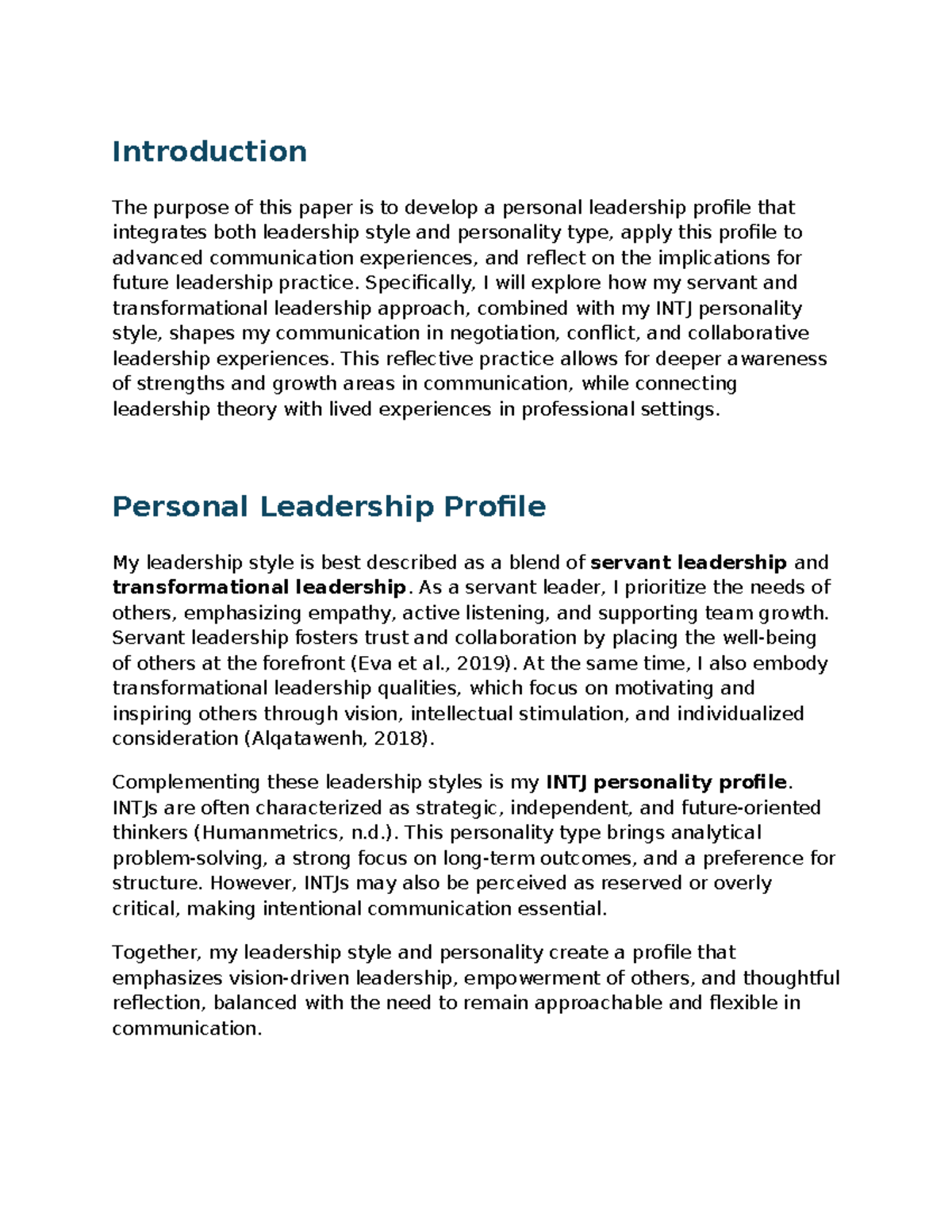 Personal Leadership Profile: Servant & Transformational Leadership (NR ...