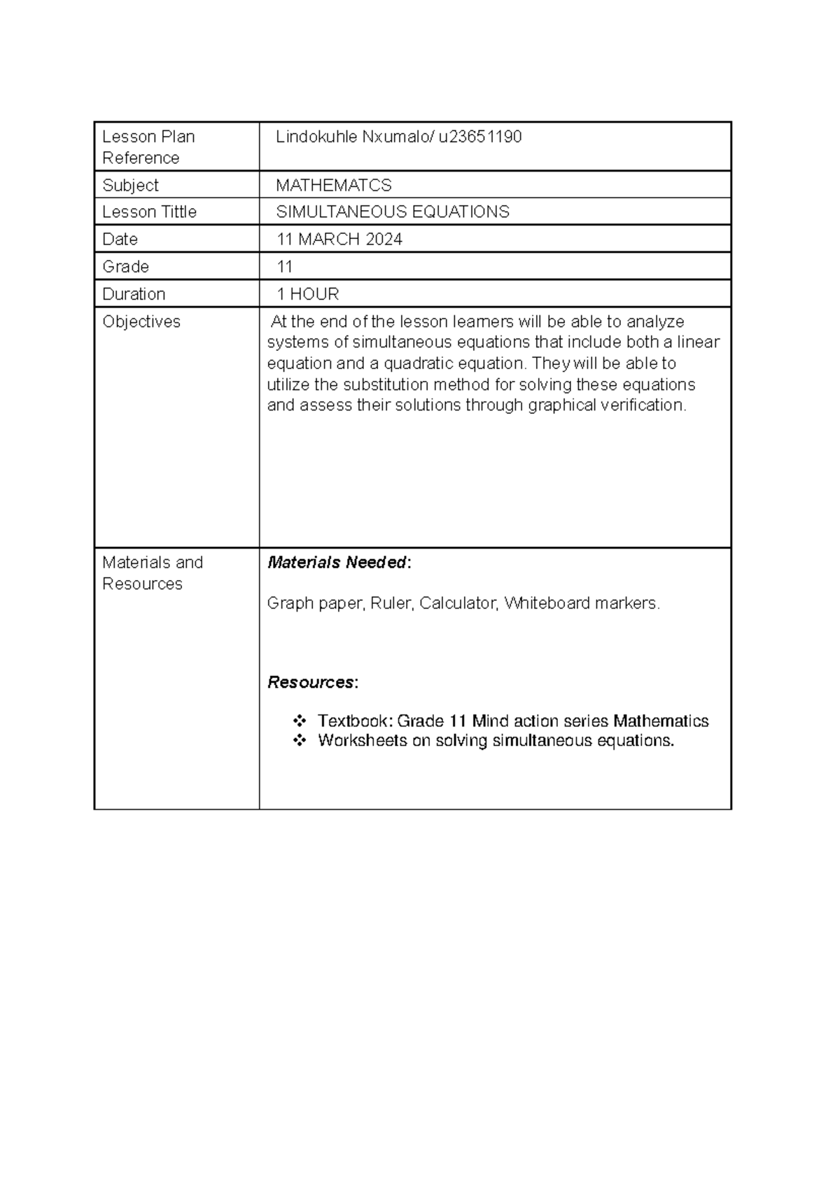 Grade 11 Math Lesson Plan: Simultaneous Equations U23651190 - Studocu