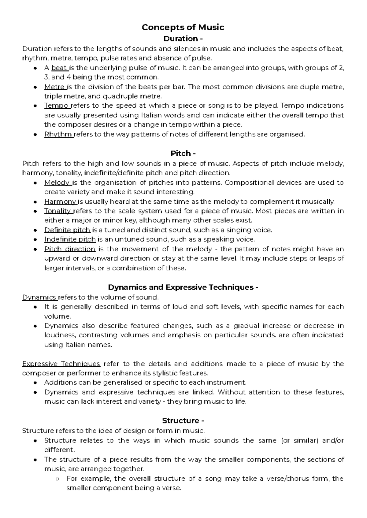 Revision Notes on Music Concepts: Duration, Pitch, Dynamics & Structure ...